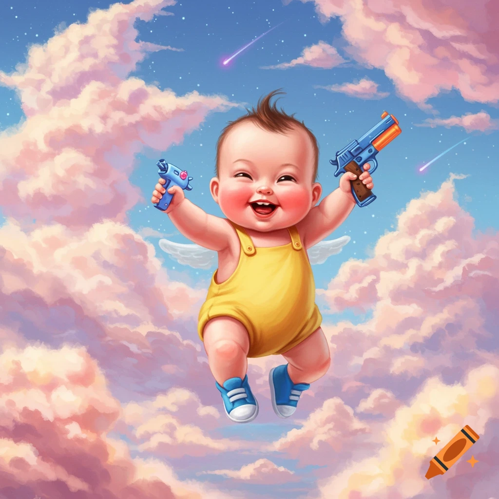Flying baby with a gun on Craiyon