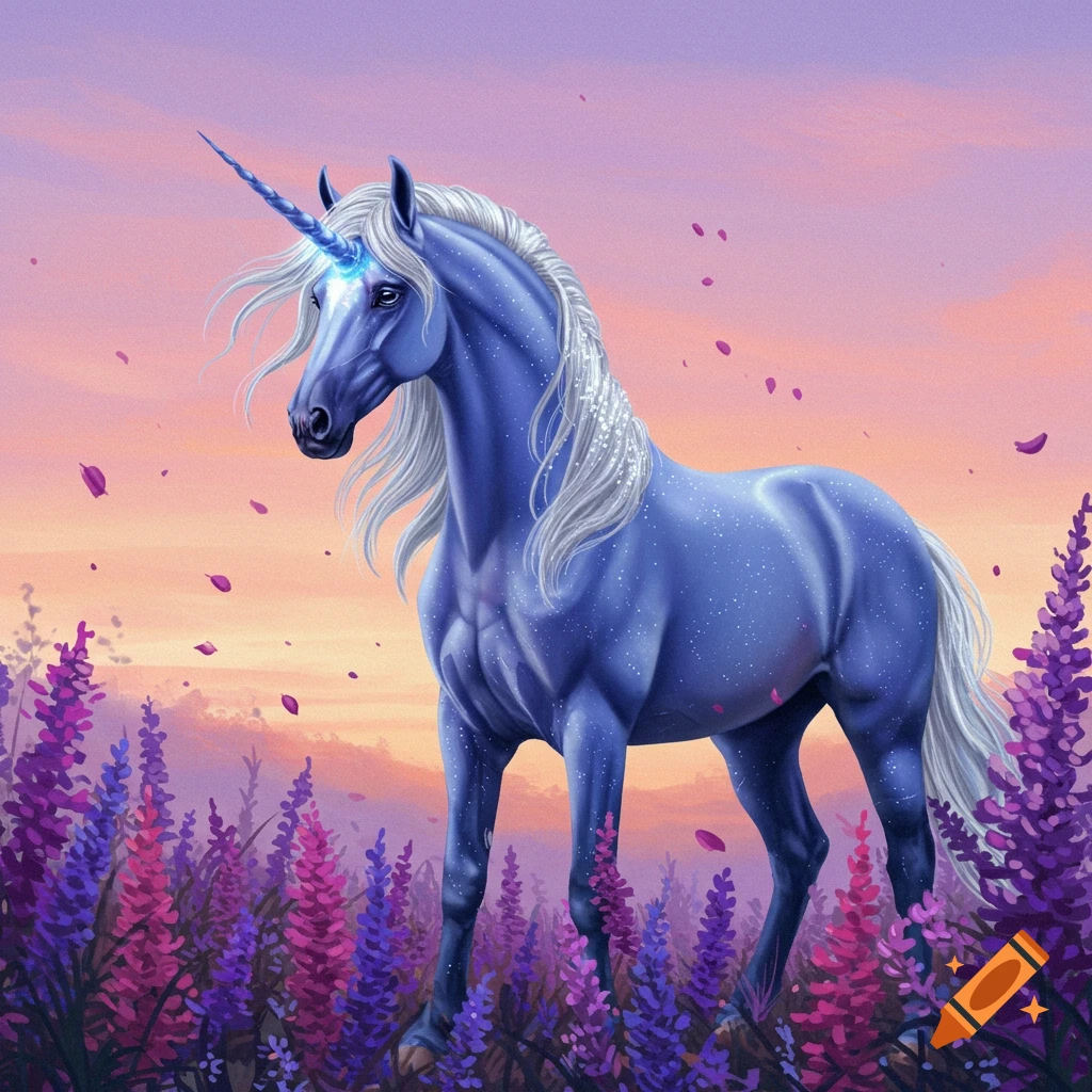 A white unicorn with a blue parrot on its back stands on a beach at sunset. Digital painting. on ...