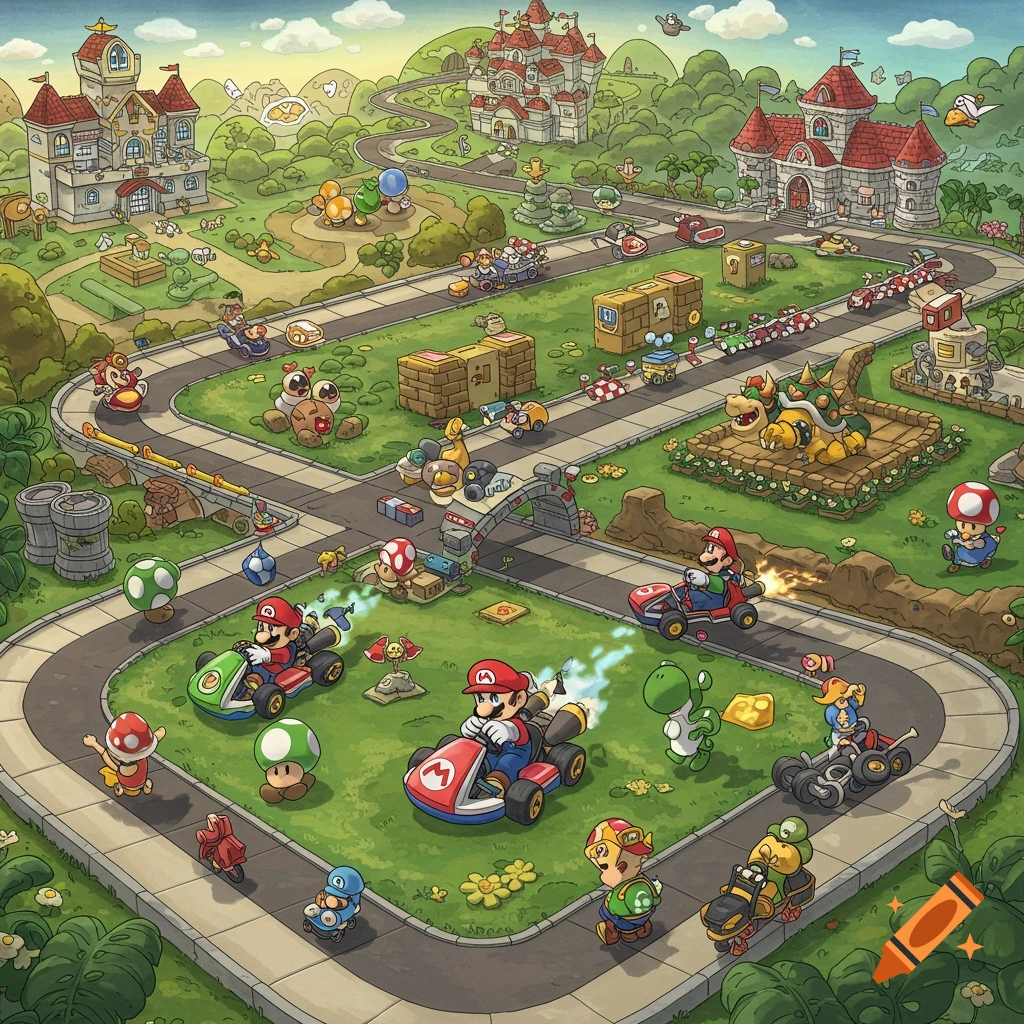 Diddy Kong leads a kart race with Donkey Kong and other characters on a ...