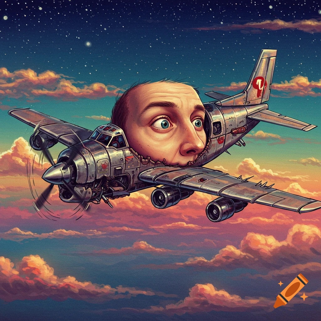 A surreal airplane with a human head in the cockpit area flies through ...