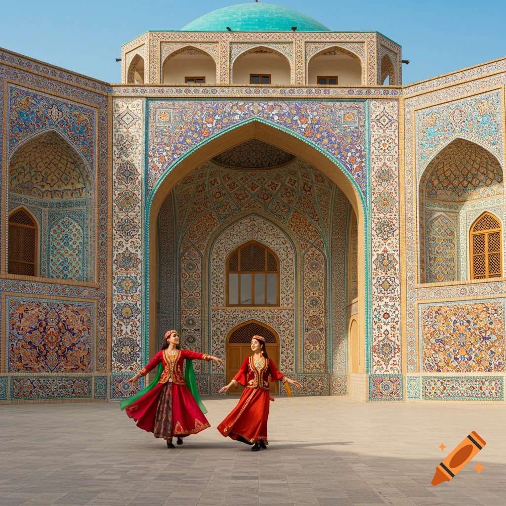 Two women in red traditional dresses dance in a tiled courtyard before a large building with ...