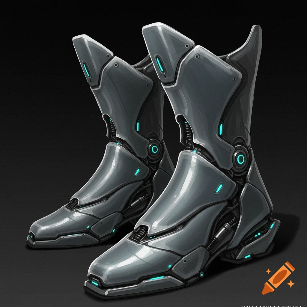 Sleek, high-tech boots with smooth surfaces and angular lines on Craiyon
