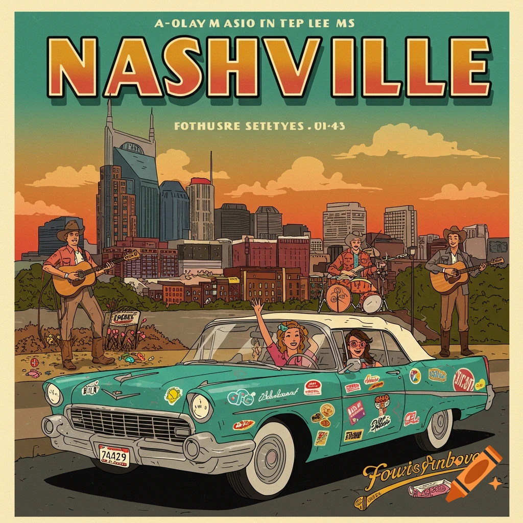 Retro illustration of a road trip to Nashville with musicians playing ...