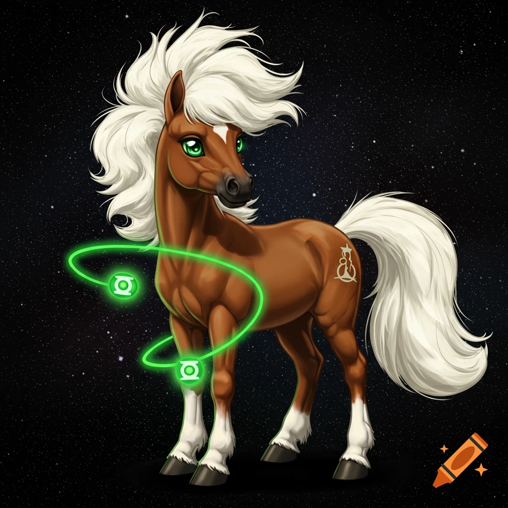 Miniature horse with white mane and Green Lantern power ring on Craiyon