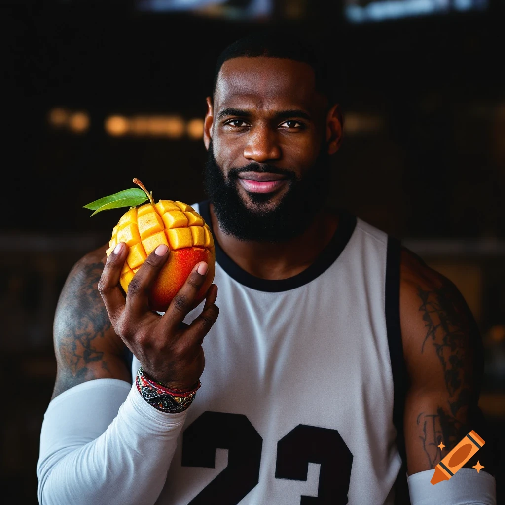 LeBron James holding a segmented mango. on Craiyon