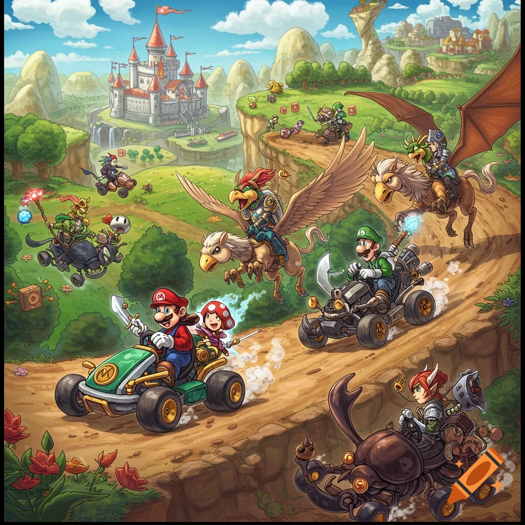 A picture of cartoon characters in karts racing on a board game track ...