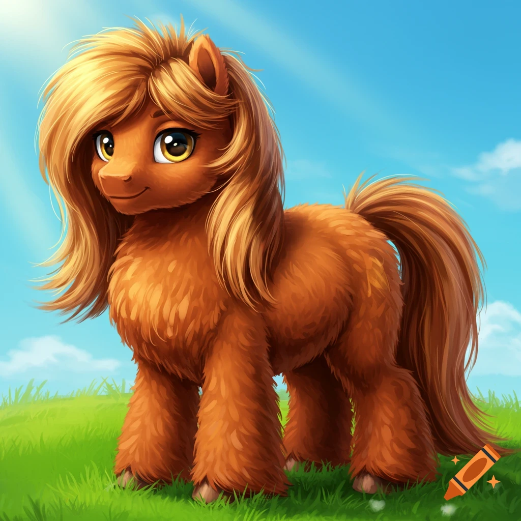 A fluffy brown pony stands in a grassy field. on Craiyon