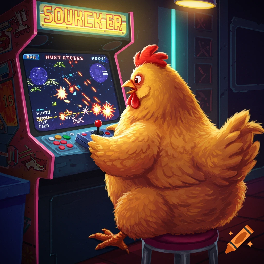 A cartoon chicken plays an arcade video game in a dimly lit room. on ...