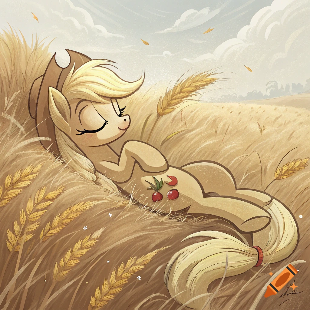 Applejack from MLP sleeping in wheat field on Craiyon