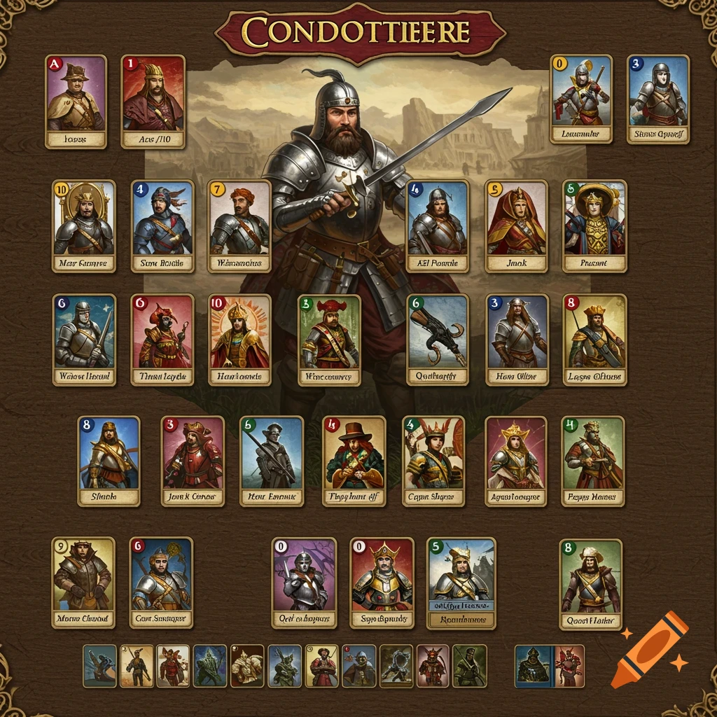 Layout of game cards featuring portraits of warriors and historical ...