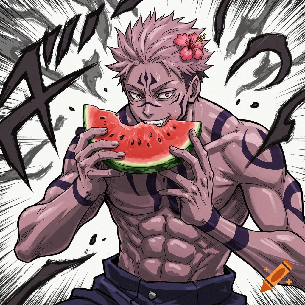 Sukuna with hibiscus flower eating watermelon, Jujutsu Kaisen manga ...