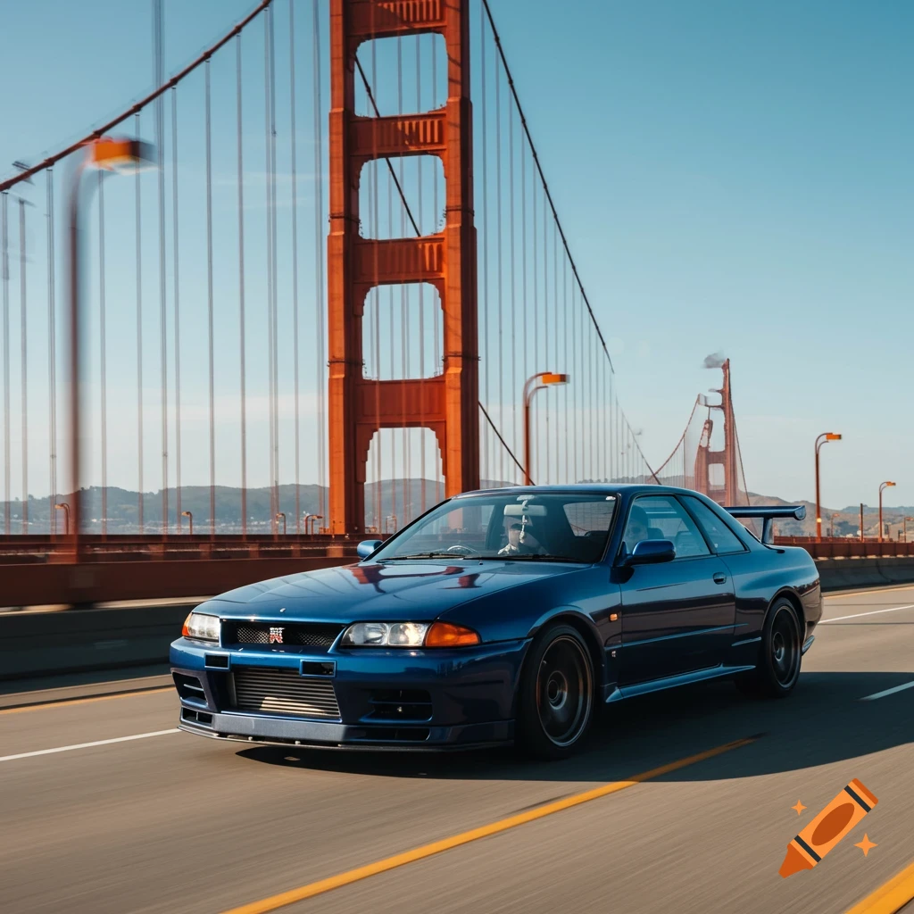 Blue Nissan Skyline GT-R driving on the Golden Gate Bridge on a sunny ...