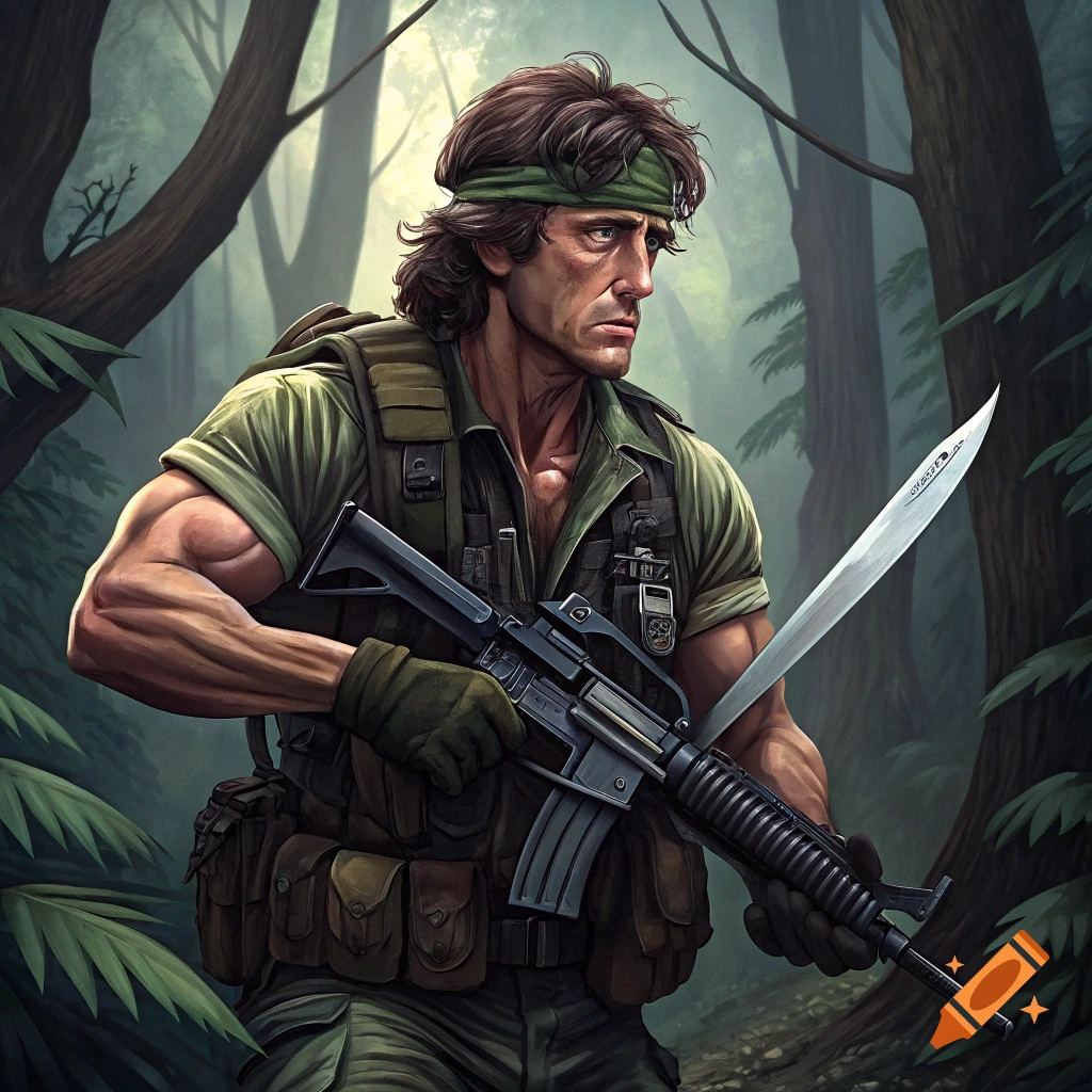 A soldier resembling Rambo in a jungle holds a rifle and large knife ...