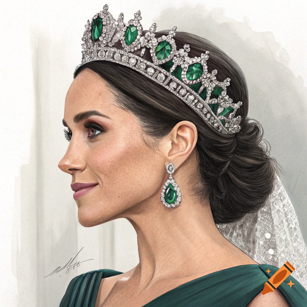 Meghan Markle wearing Greville Emerald Kokoshnik tiara on Craiyon