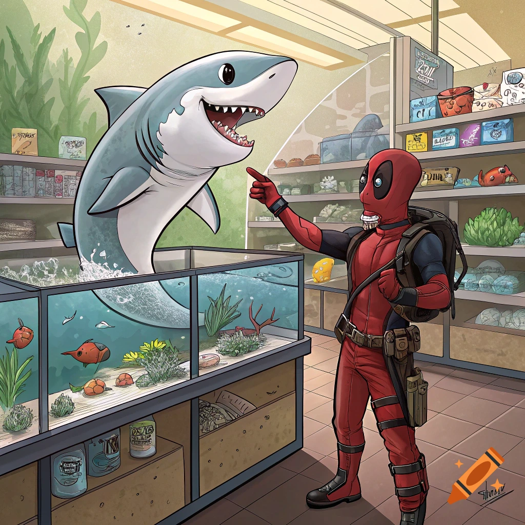 Jeff the land shark as a baby shark at the pet store with Deadpool on ...