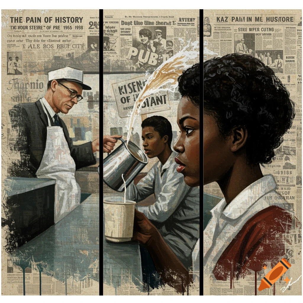 Triptych art depicting 1958 Oklahoma City Katz Drug Store sit-in ...