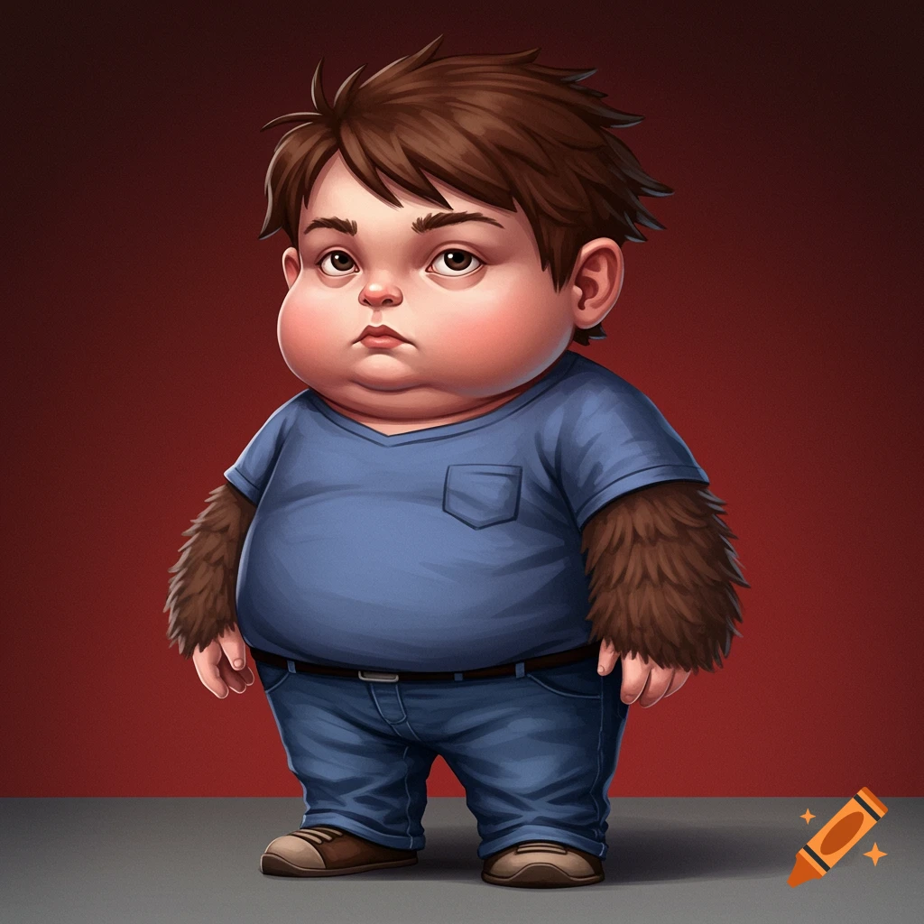 Chubby kid with brown hair wearing a blue shirt and jeans on Craiyon