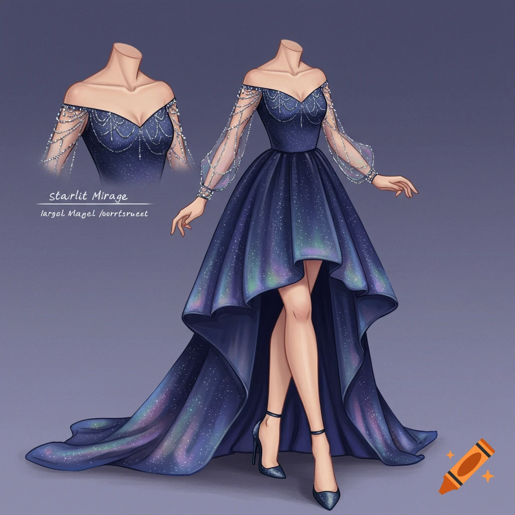 Digital illustration of a headless figure wearing a sparkling dark blue ...