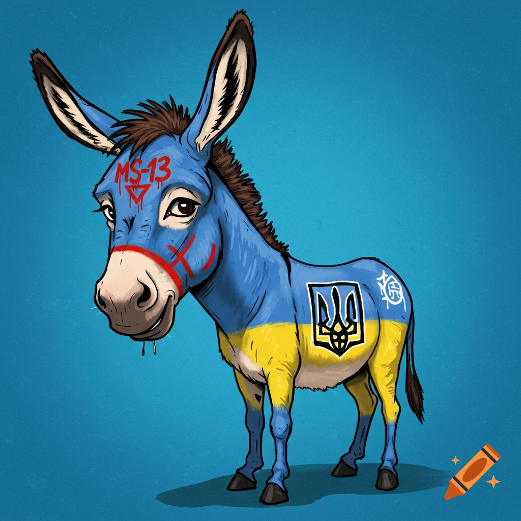 A cartoon donkey painted like the Ukrainian flag, with 'MS-13' and ...