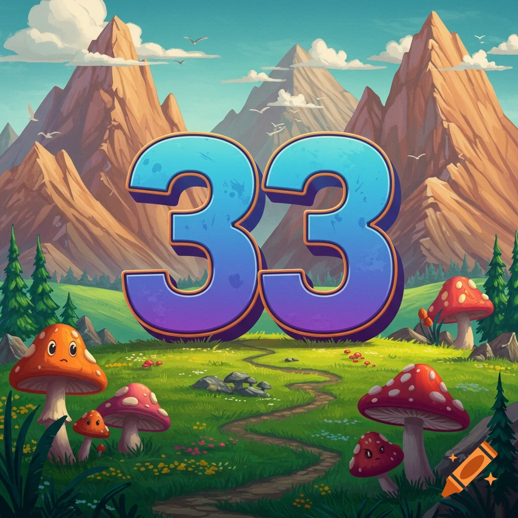 Giant number 33 in a fantasy landscape with mountains, mushrooms, and a ...