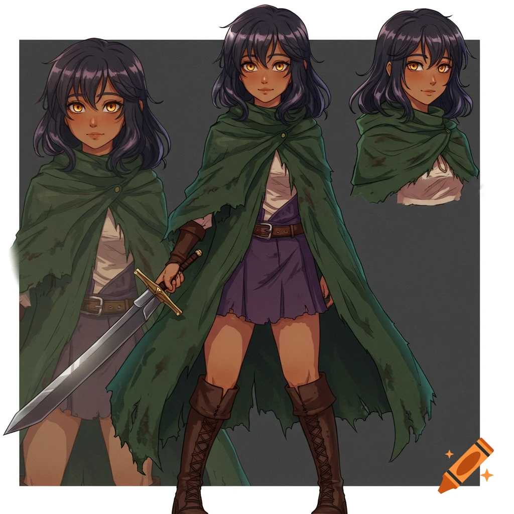 Anime art of a young lady with almond skin, black wavy hair, amber eyes ...