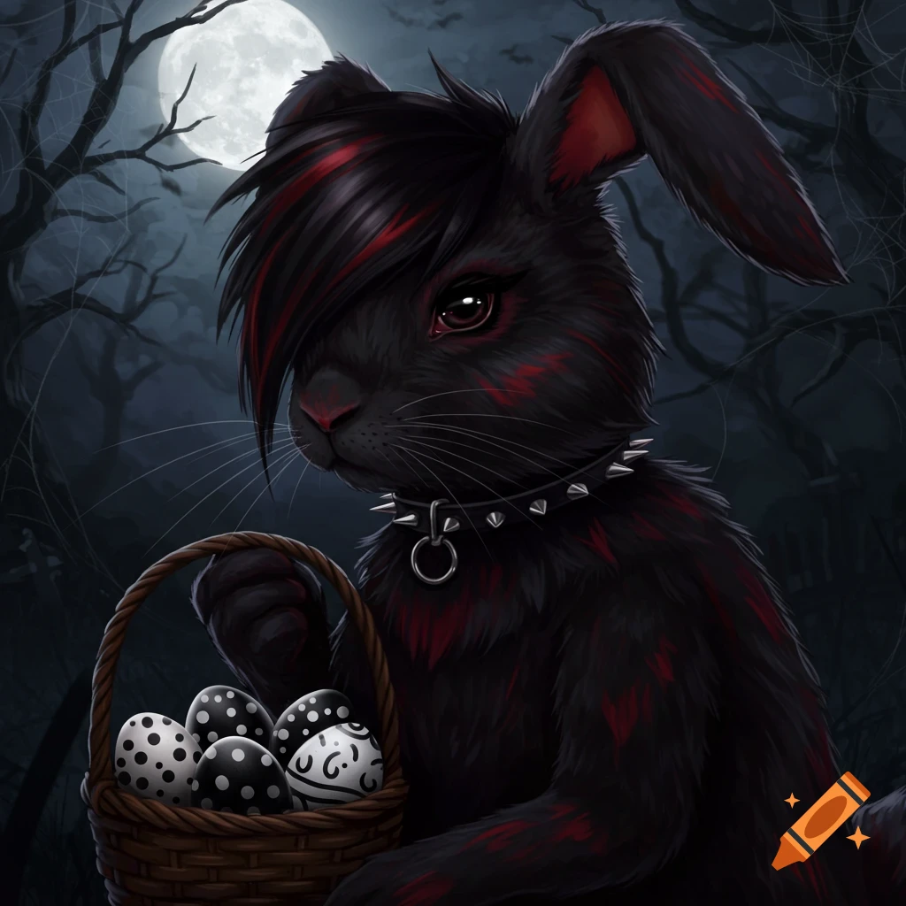 Emo black bunny with red streaks holding a basket of black and white ...
