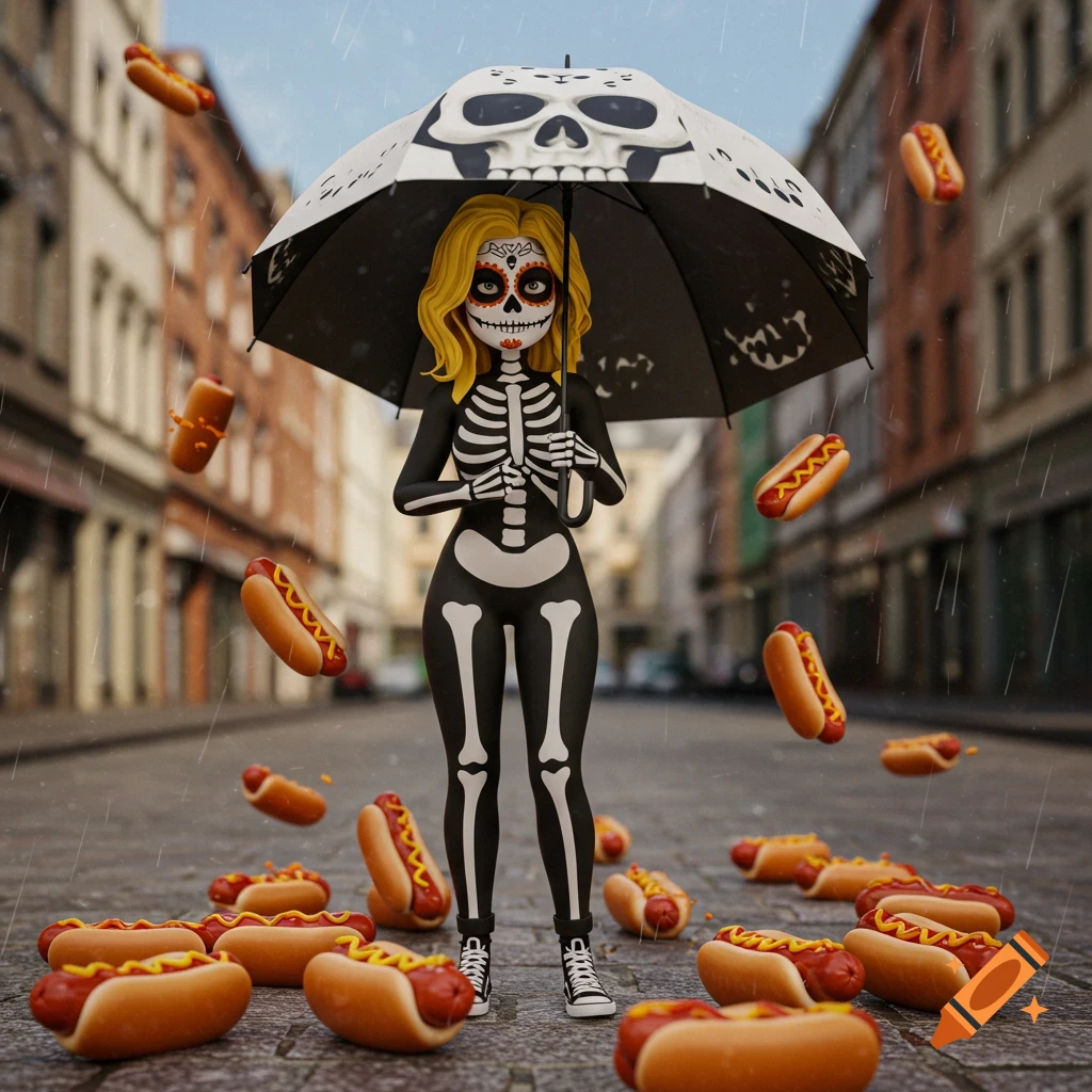 3D realistic sugar skull woman with umbrella in hot dog rain on Craiyon