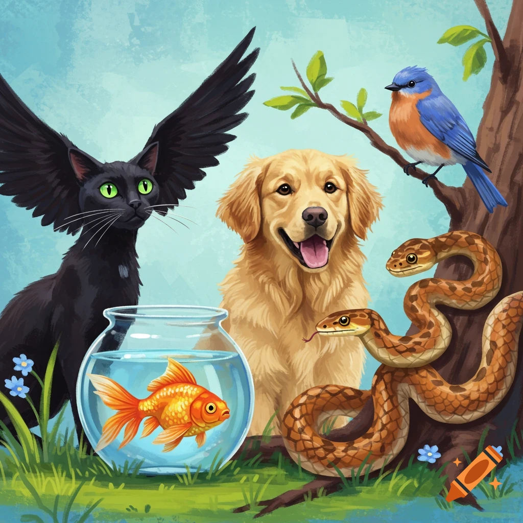 Cat, dog, fish, snake, and bird together on Craiyon