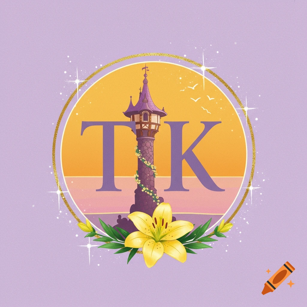 TK logo with Rapunzel tower, lilac, lavender, pink, and gold on Craiyon