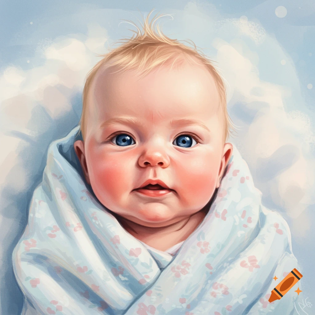 Close-up of a baby wearing a blue sweater with a teddy bear patch ...