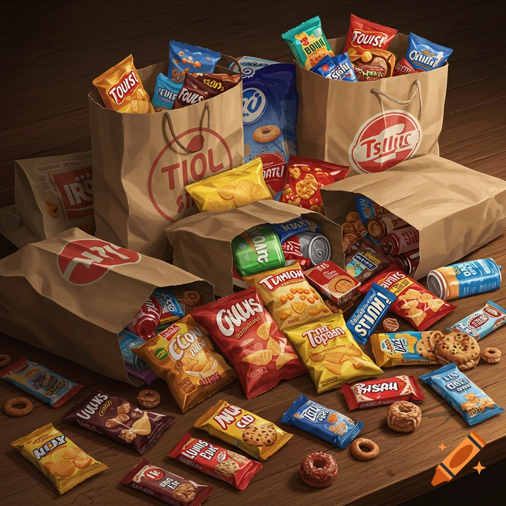 Grocery bags overflowing with various snacks, chips, and donuts on a ...