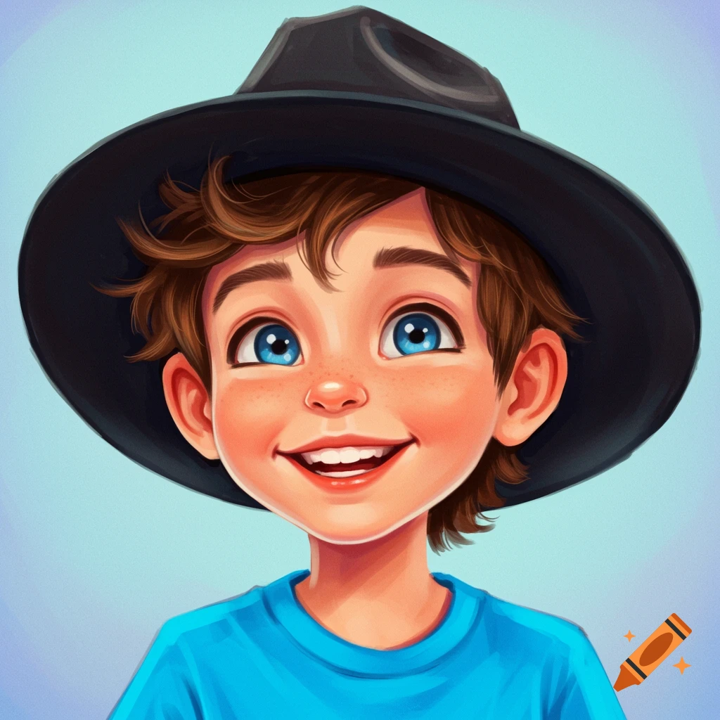 A boy with brown hair, blue eyes, a black hat, smiling in a blue shirt ...