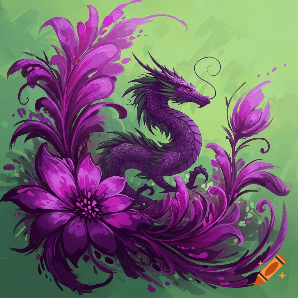 A purple dragon is surrounded by large, abstract purple flowers on a ...
