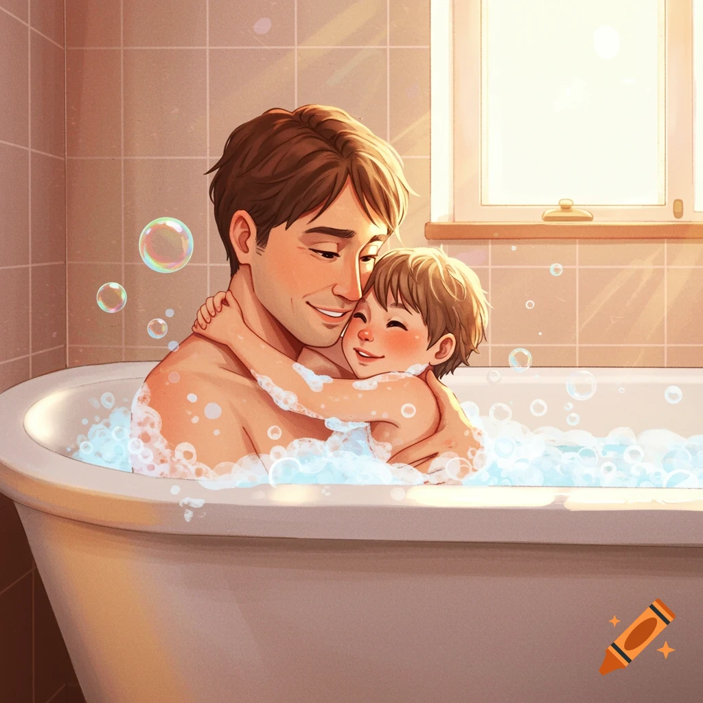 A father and son hug in a warm bubble bath with sunlight streaming in ...