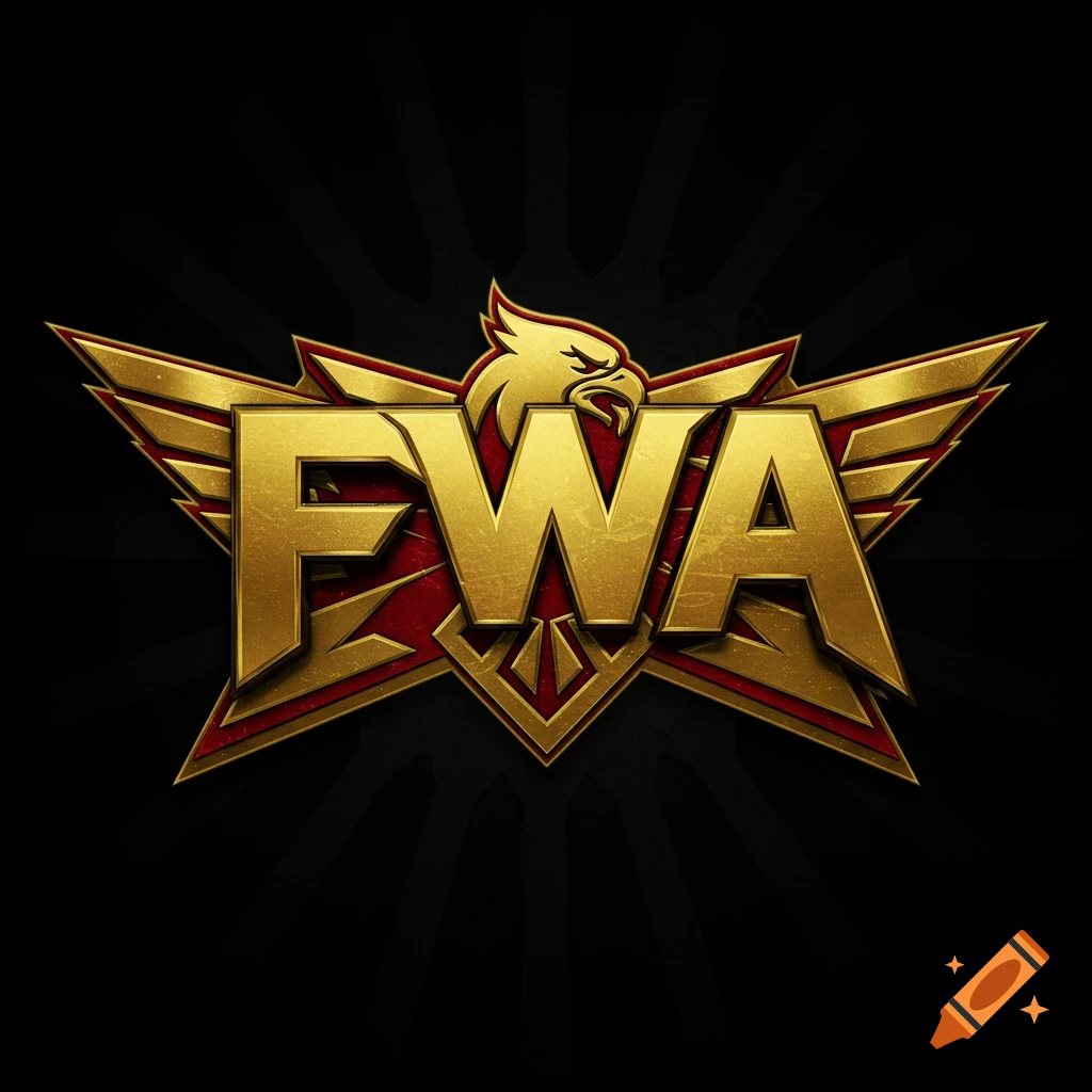 Gold and red FWA pro wrestling logo with an eagle emblem on Craiyon