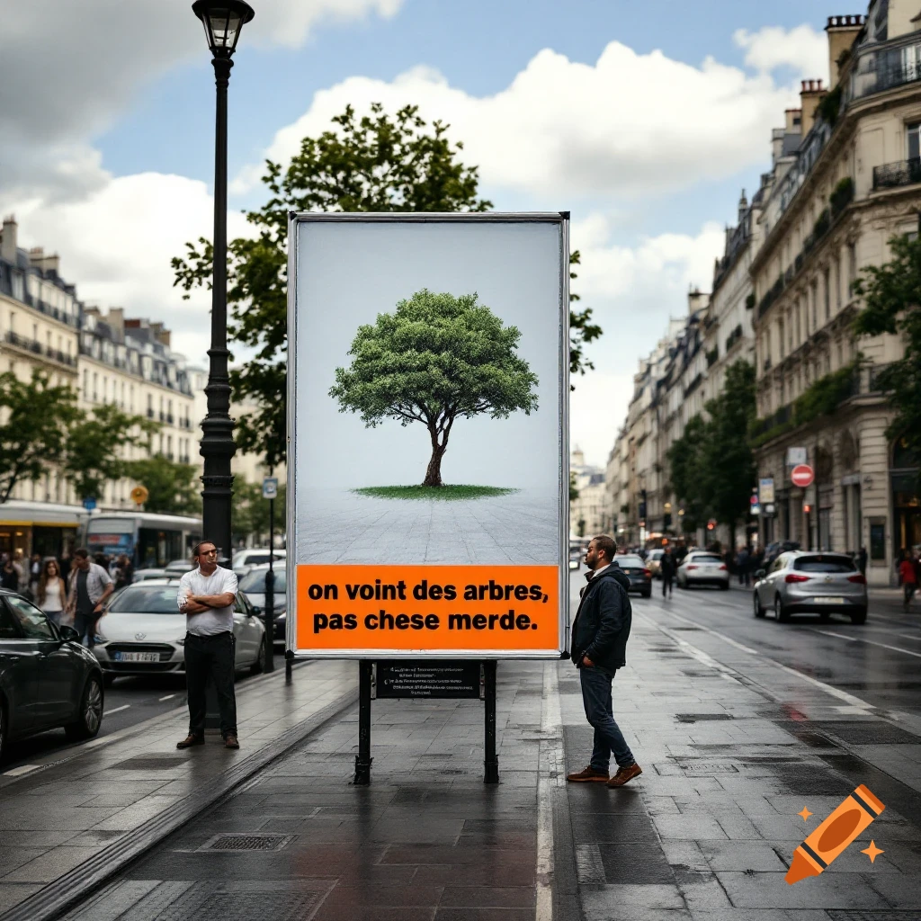 Parisian street scene with advertising billboard and protest poster ...