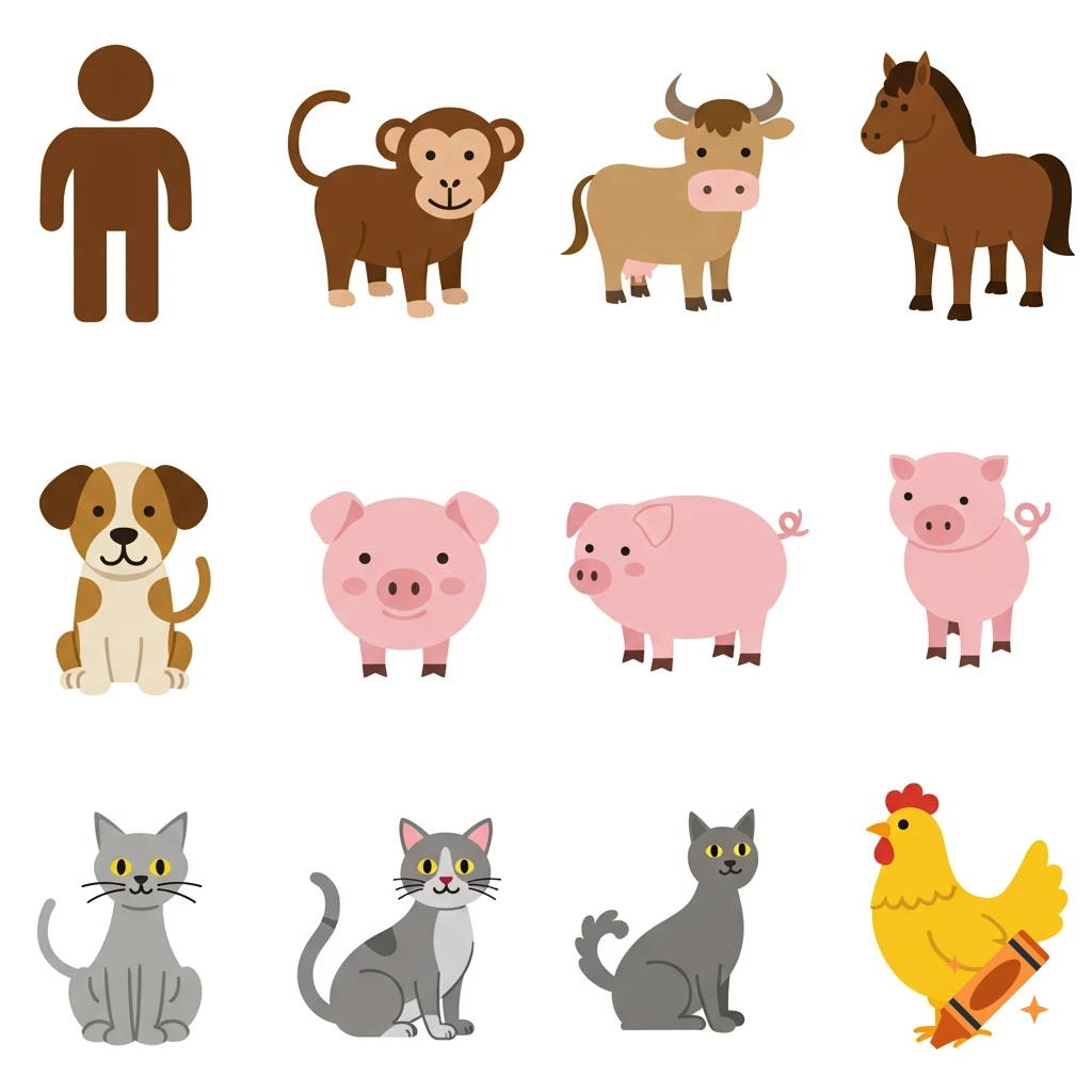 A grid of simple flat icons featuring a human, monkey, cow, horse, dog ...