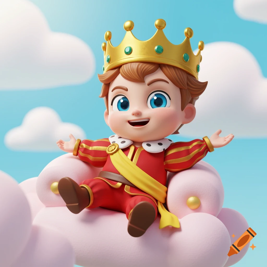 Cartoony kid king in red and gold on a pink cloud throne, 3D style. on ...
