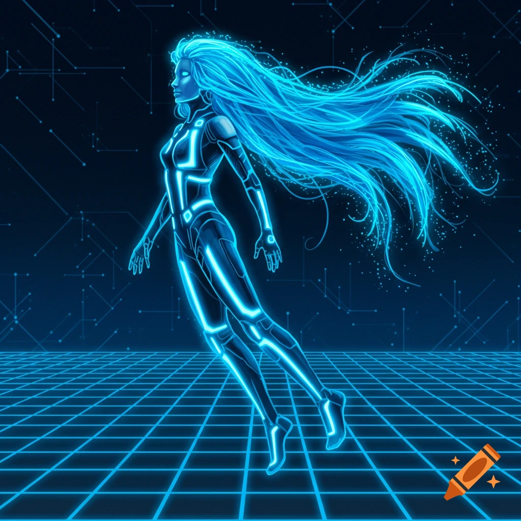 Program with long hair in Tron style on Craiyon
