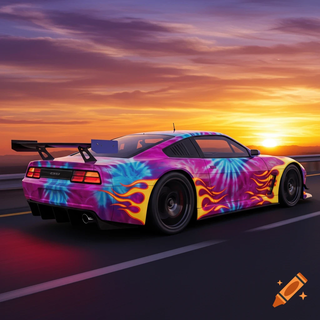 Tie-dye race car with fire decoration on highway at sunset on Craiyon