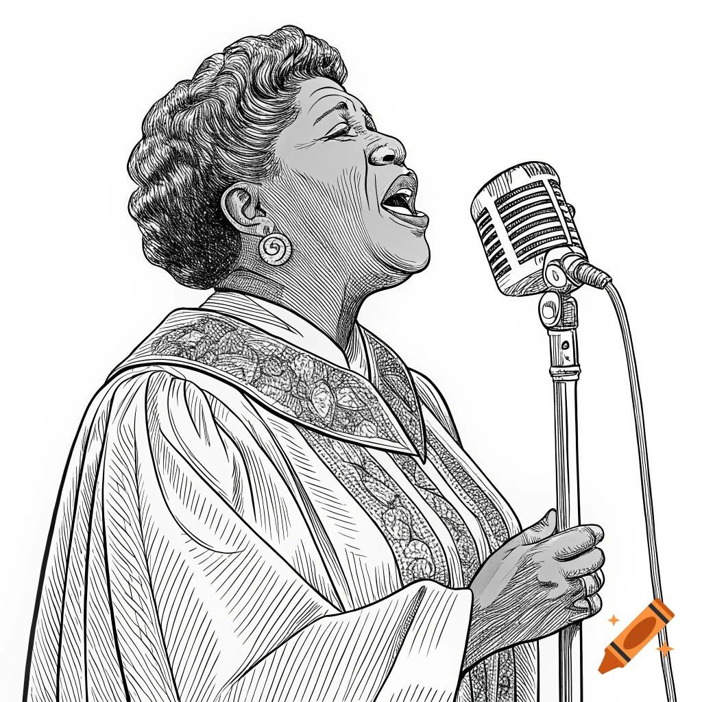 Mahalia Jackson singing into a vintage microphone, black and white line ...
