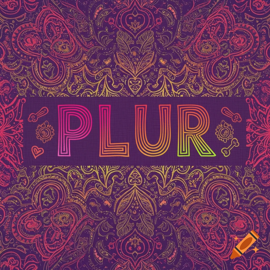 PLUR neon text on purple psychedelic textile banner on Craiyon