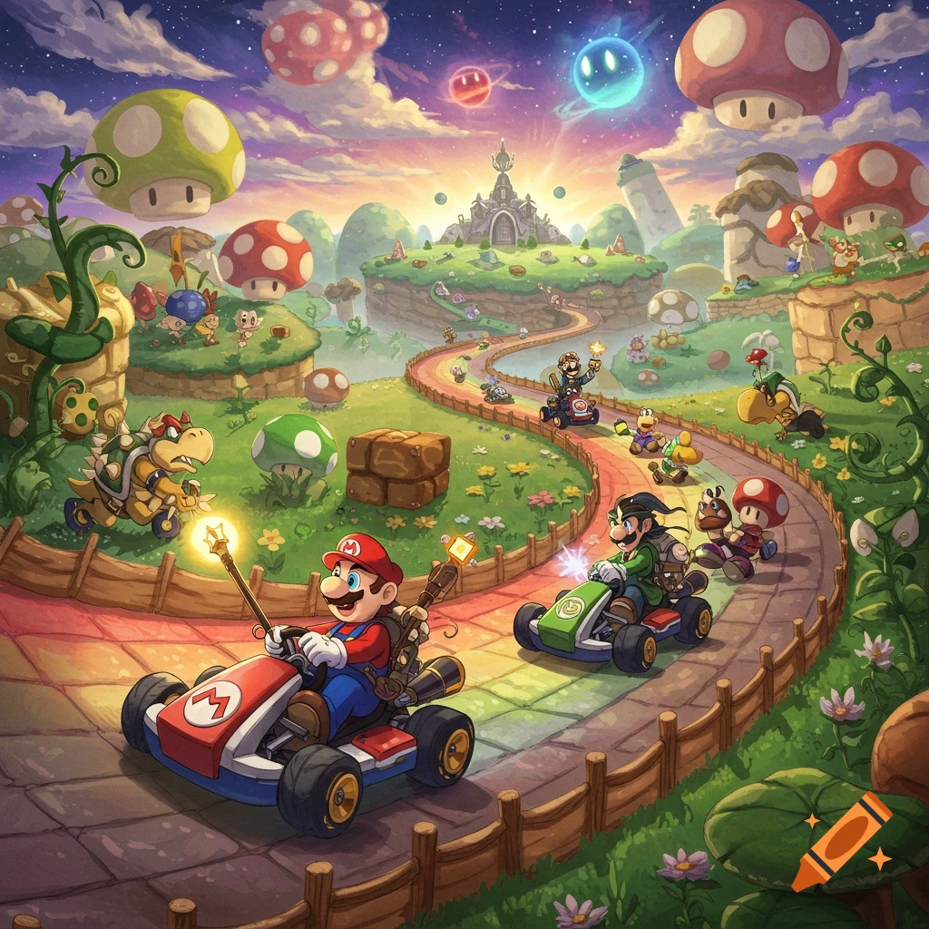 Diddy Kong leads a kart race with Donkey Kong and other characters on a ...