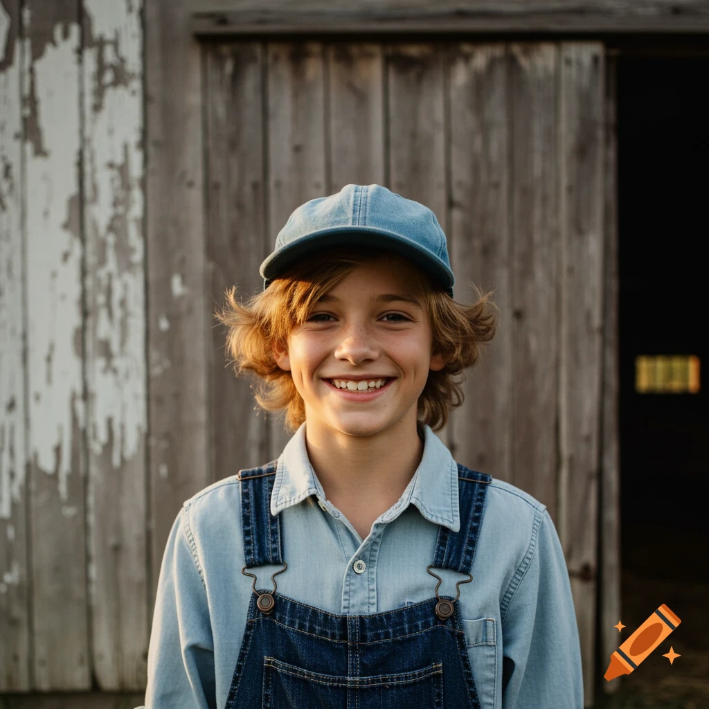 Smiling preteen boy in barn with baseball cap, denim shirt, and overalls on Craiyon