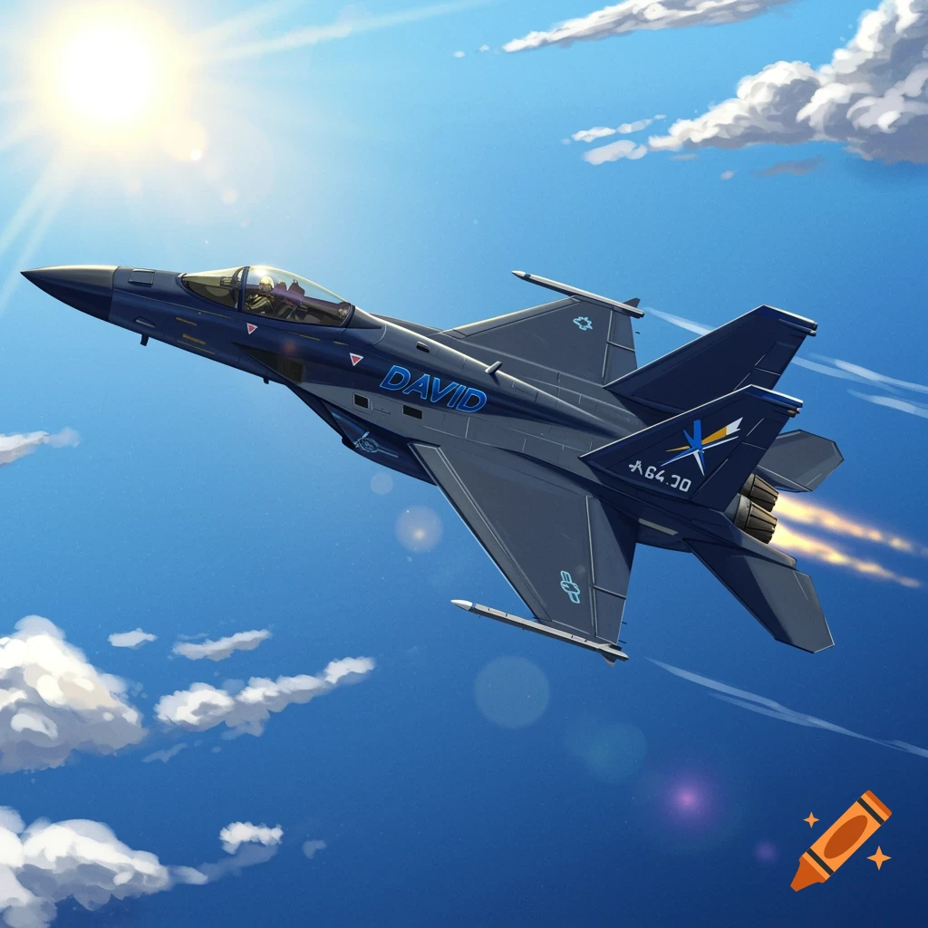 A blue fighter jet with 'David' on the side is flying in a sunny sky ...