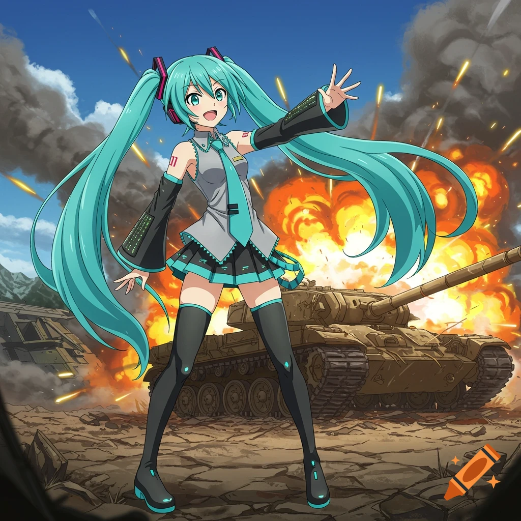 Anime style Hatsune Miku blowing up a tank on Craiyon