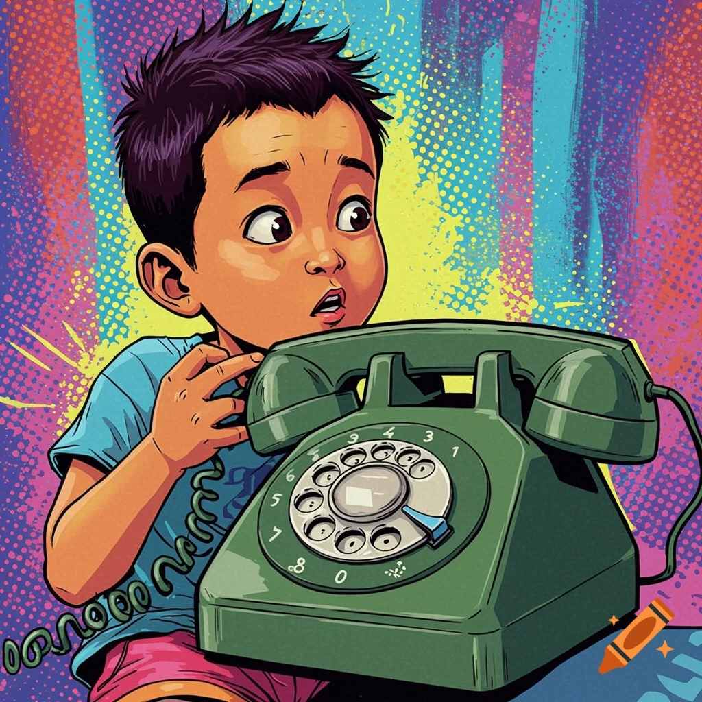 Gen Alpha kid looking confused holding a giant rotary phone on Craiyon