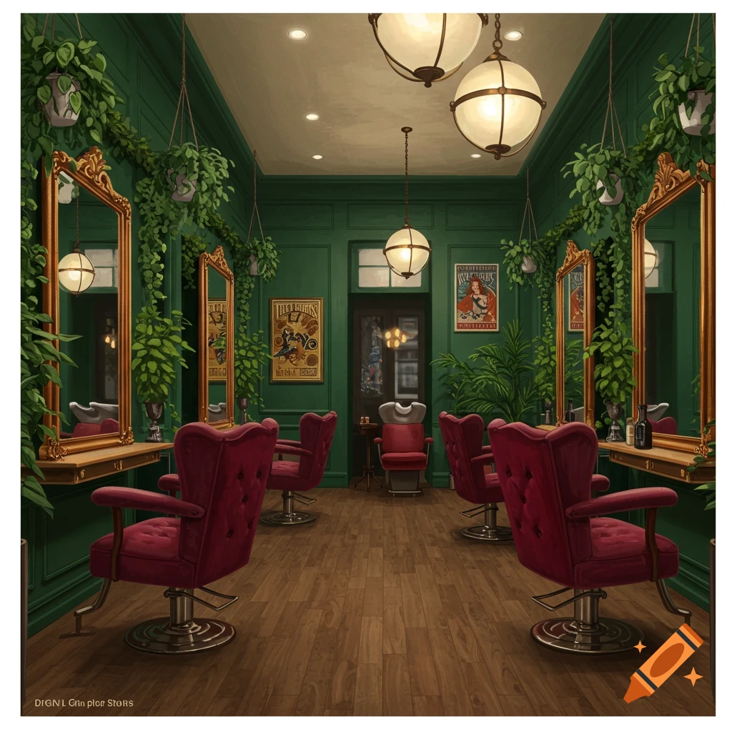 Victorian modern hair salon with green walls, hanging plants, Garnet ...