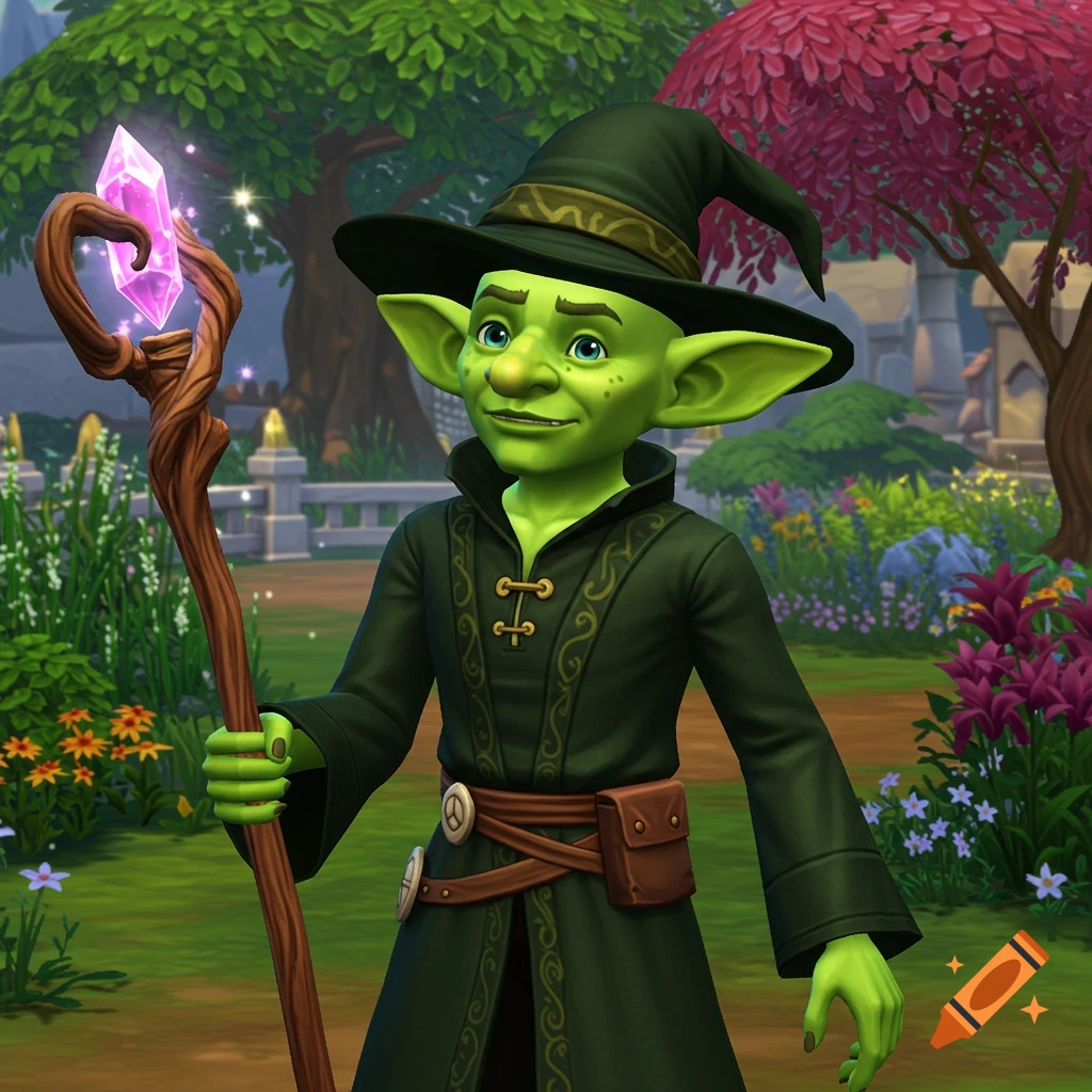 A stylized green goblin wizard in a hat and robe holds a staff in a ...