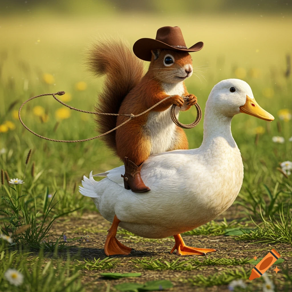Squirrel wearing cowboy hat and boots riding a duck with a lasso on Craiyon